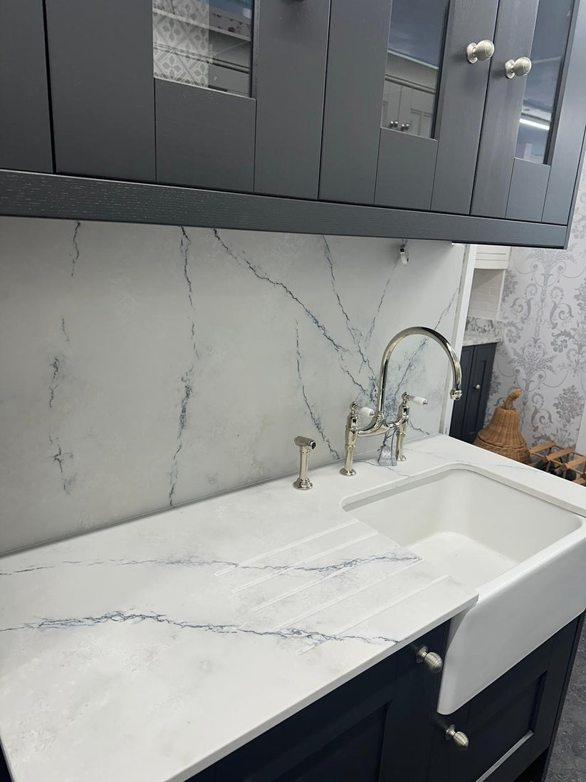 PQS Santorini White Marble Effect Quartz with Blue Veins | Purple ...